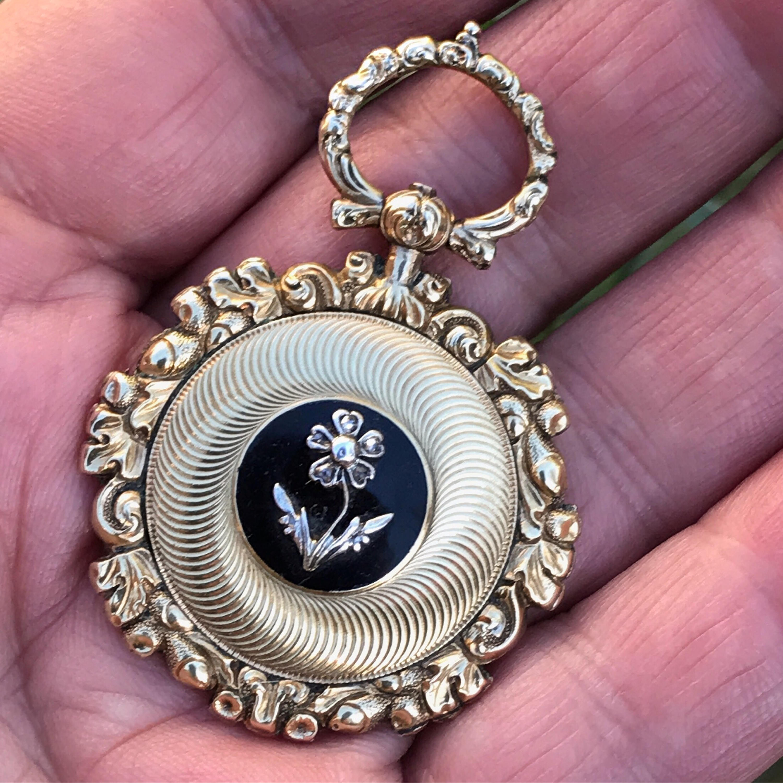 SOLD: Georgian gold mourning locket with rose-cut diamond forget-me-not ...