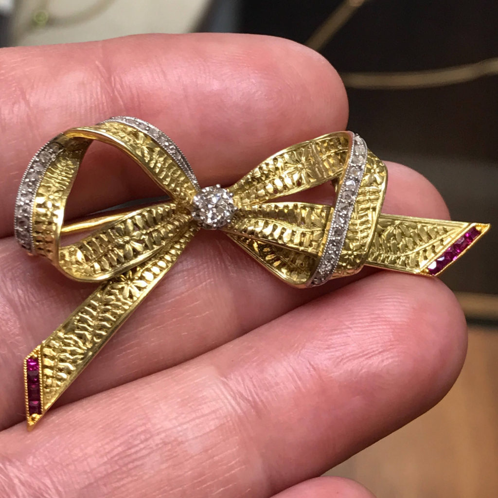 SOLD: Retro gold, diamond and ruby bow brooch, circa 1930 | Karen ...