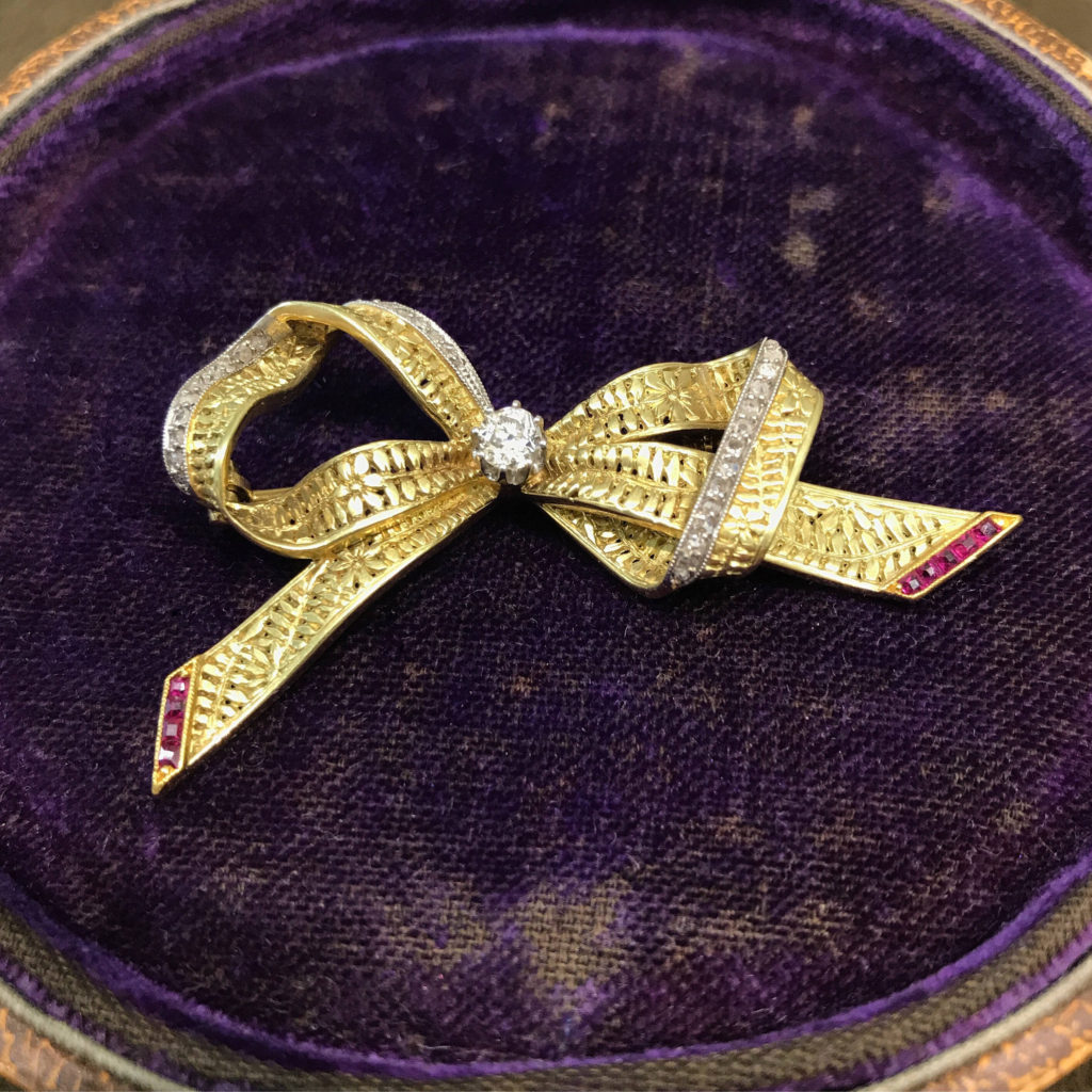 SOLD: Retro gold, diamond and ruby bow brooch, circa 1930 | Karen ...