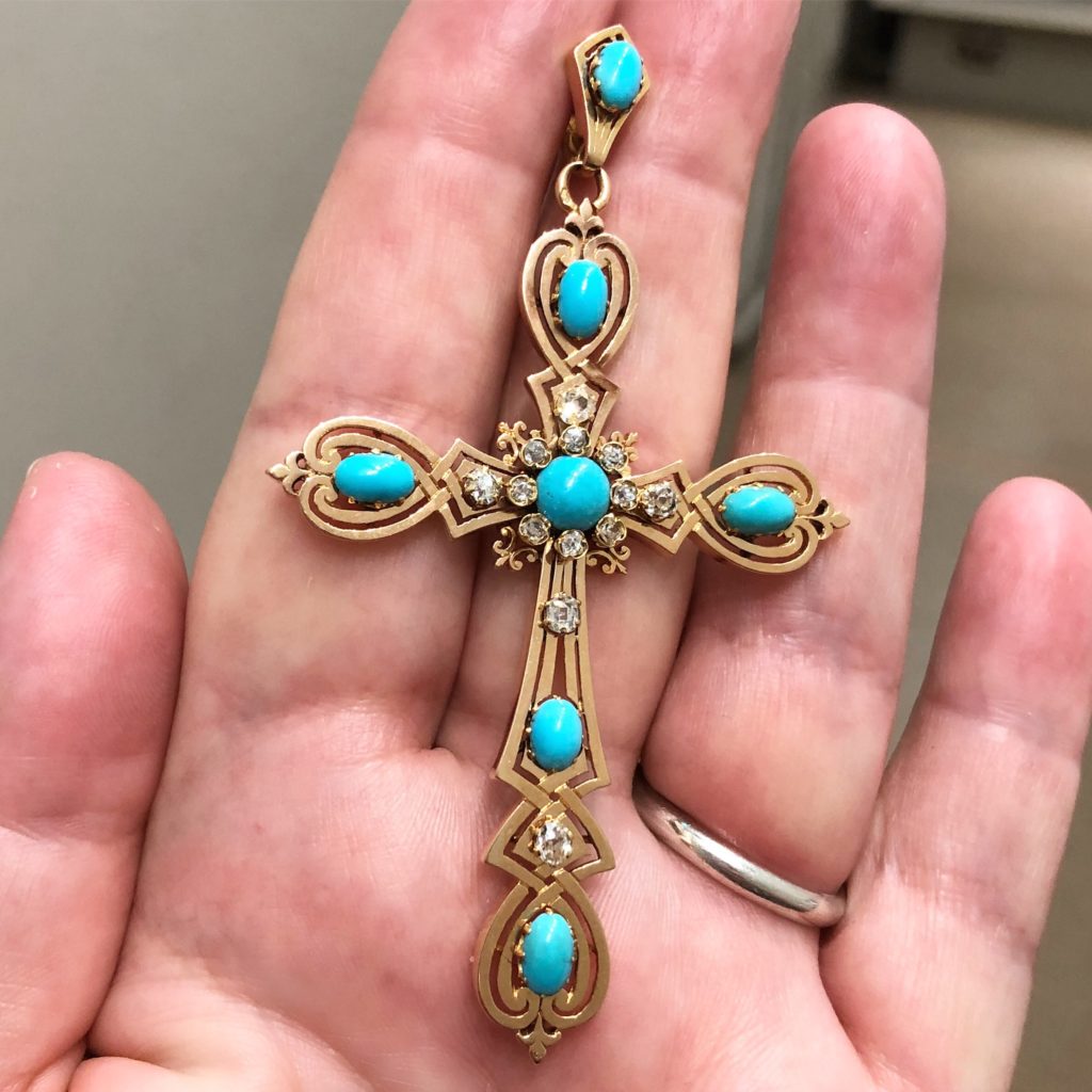 SOLD: Turquoise and diamond gold cross, circa 1880 | Karen Deakin Antiques