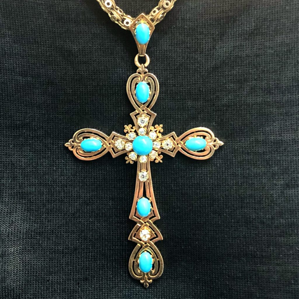 SOLD: Turquoise and diamond gold cross, circa 1880 | Karen Deakin Antiques