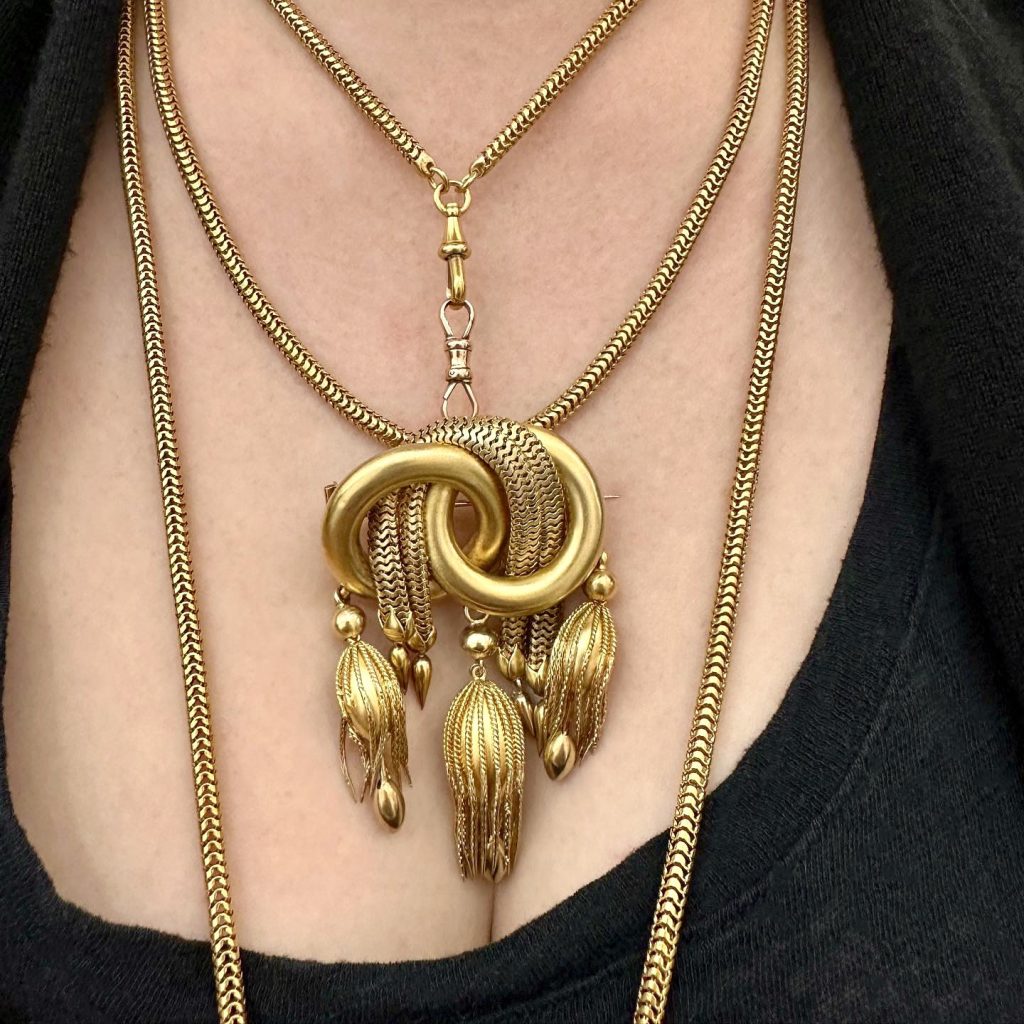 Mid-Victorian gold guard chain, brooch/pendant and bracelet set, circa ...