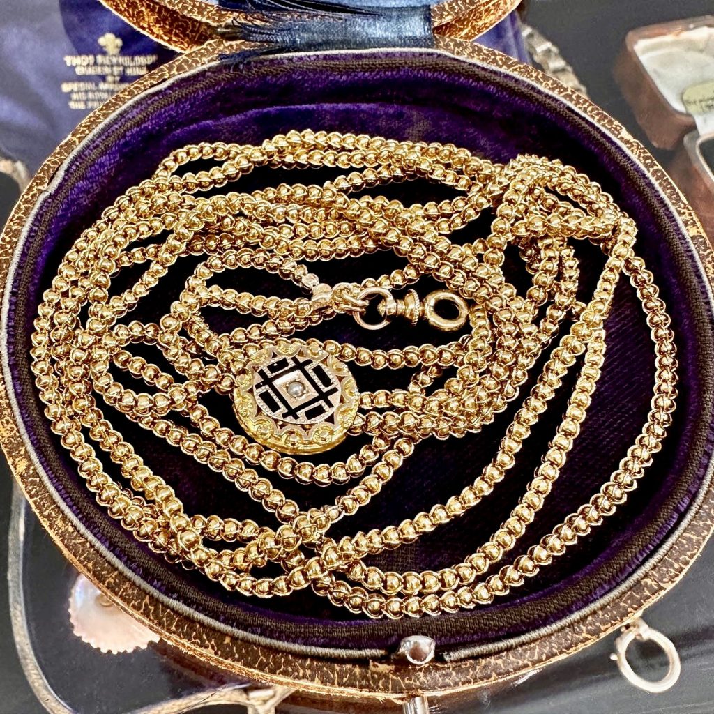 SOLD: Eighteen-carat gold guard chain with pearl slide, late 19th ...