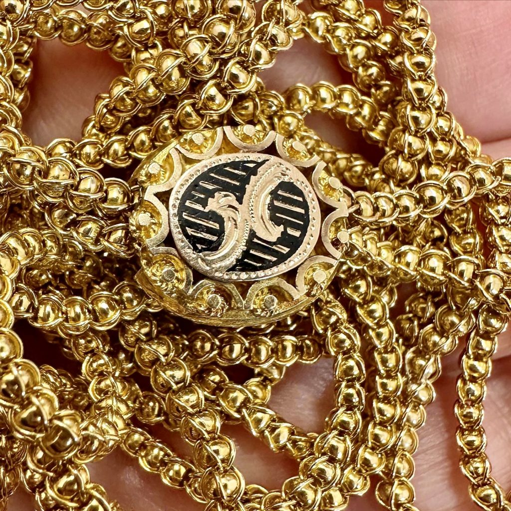SOLD: Eighteen-carat gold guard chain with pearl slide, late 19th ...