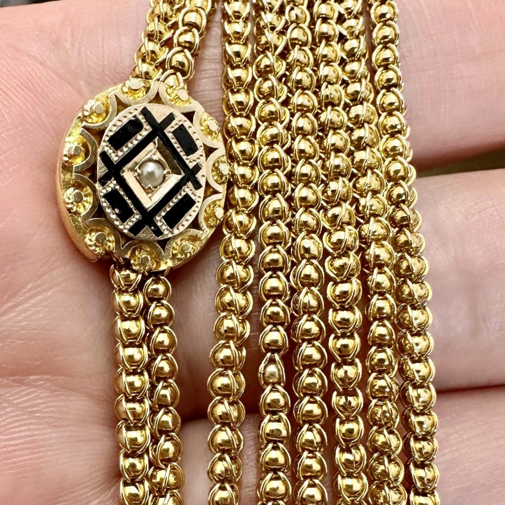 SOLD: Eighteen-carat gold guard chain with pearl slide, late 19th ...
