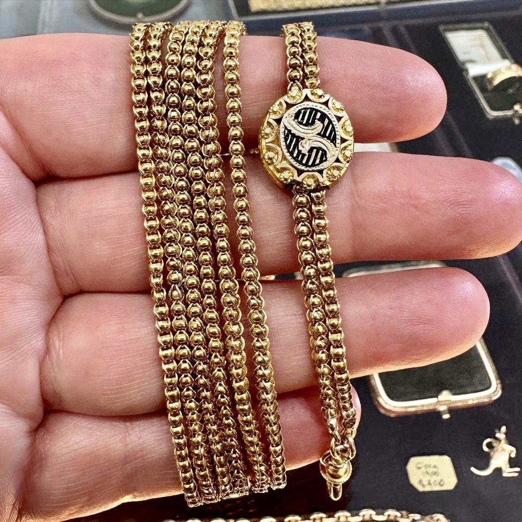 SOLD: Eighteen-carat gold guard chain with pearl slide, late 19th ...