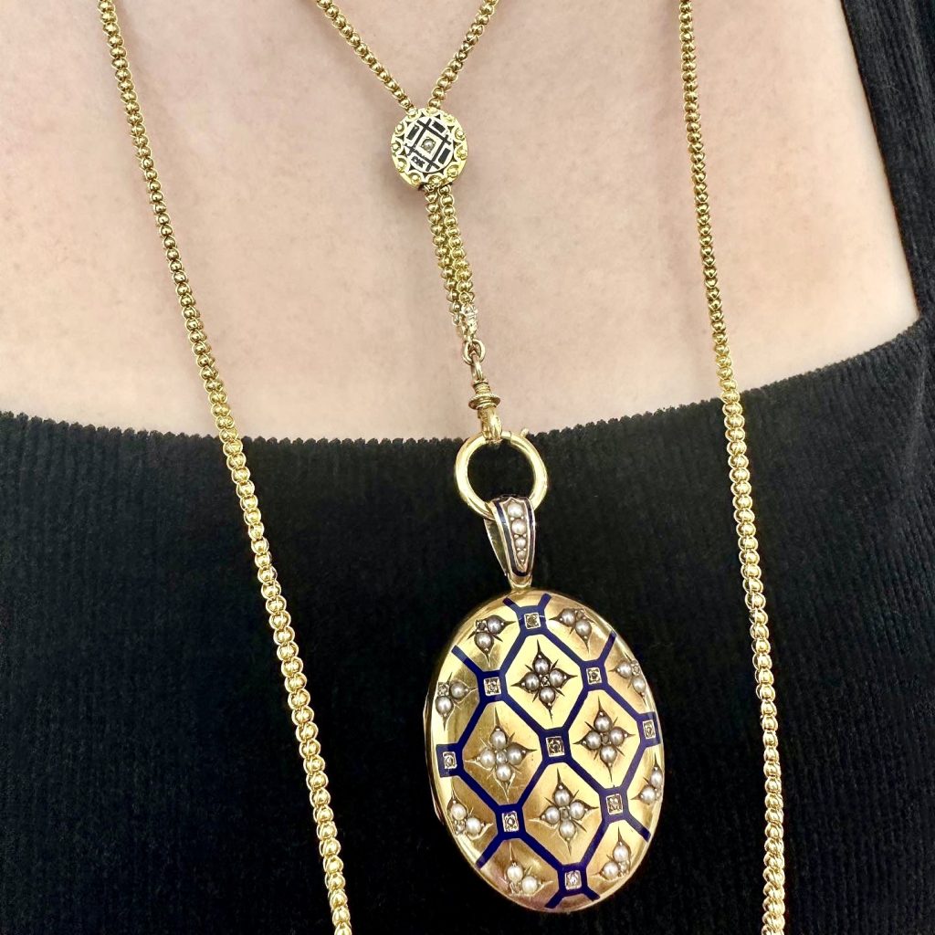 SOLD: Eighteen-carat gold guard chain with pearl slide, late 19th ...