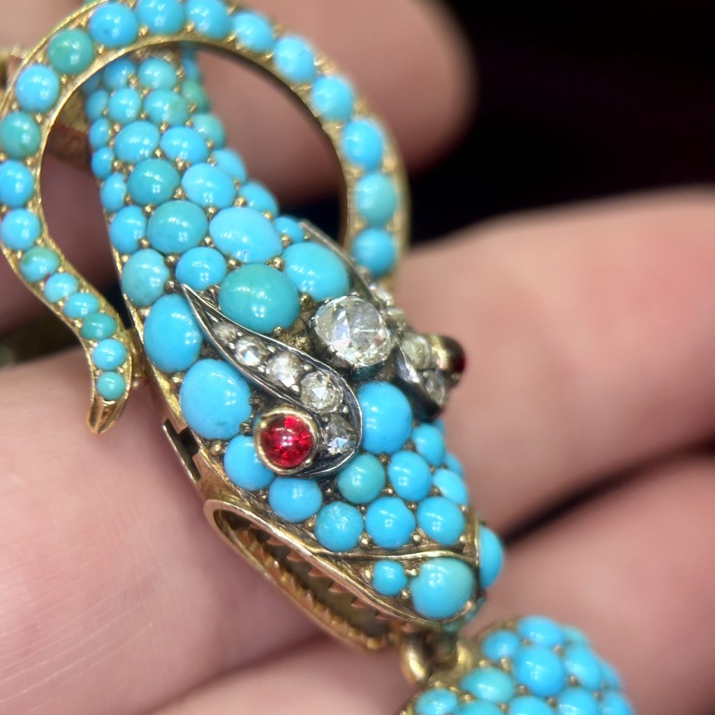 Early Victorian turquoise snake necklace with bracelet extender, circa ...